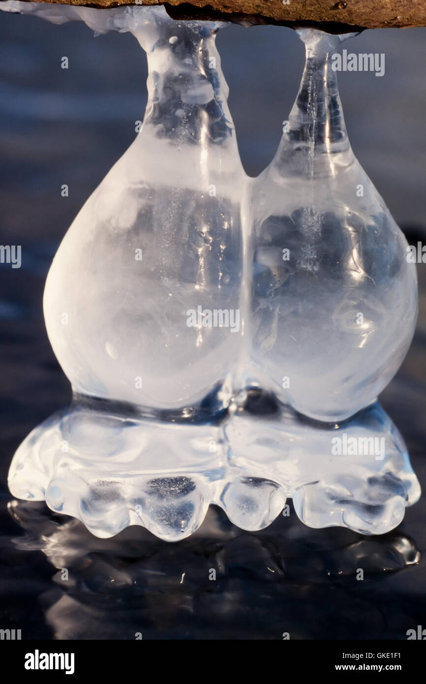 Fat Twin Icicles over Water Surface Stock Photo - Alamy