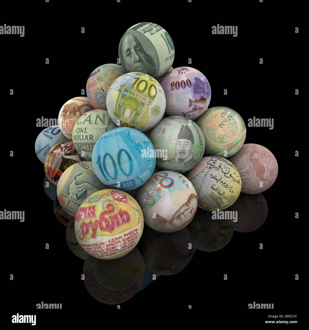 World Currencies in Pyramid of Spheres Stock Photo - Alamy