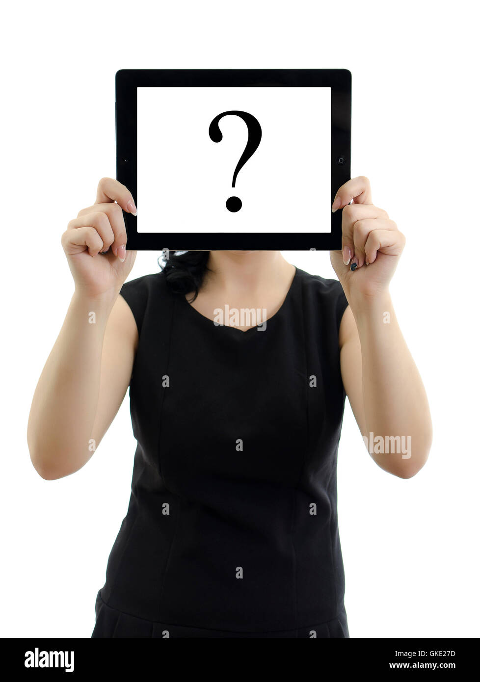 Woman holding tablet pc with question mark. Isolated on white Stock ...