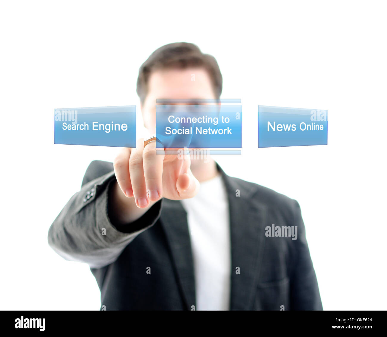 Business man pushing button Social Network on a touch screen interface ...