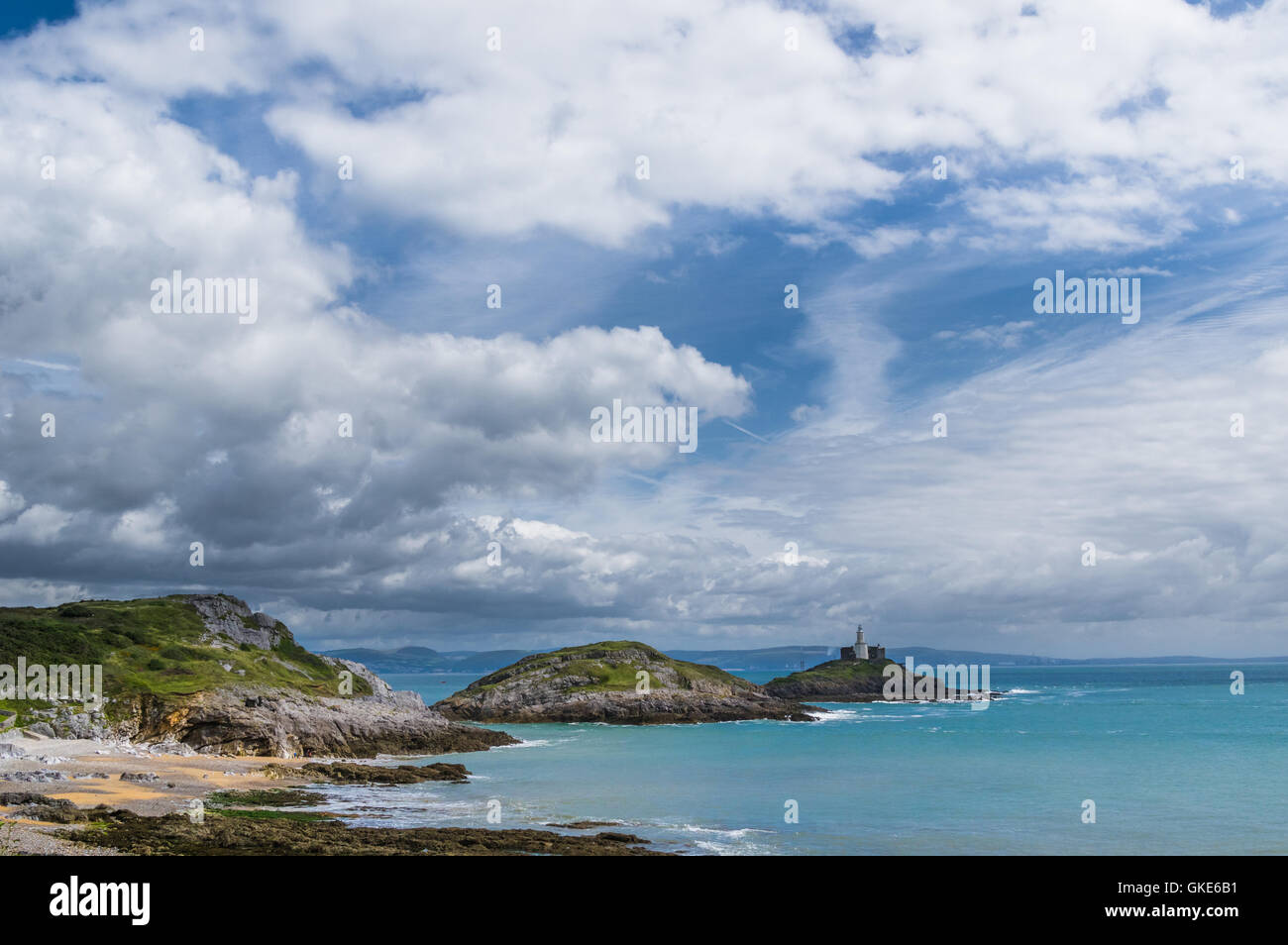 The lighthouse at Mumbles, Swansea with the surrounding peninsular ...