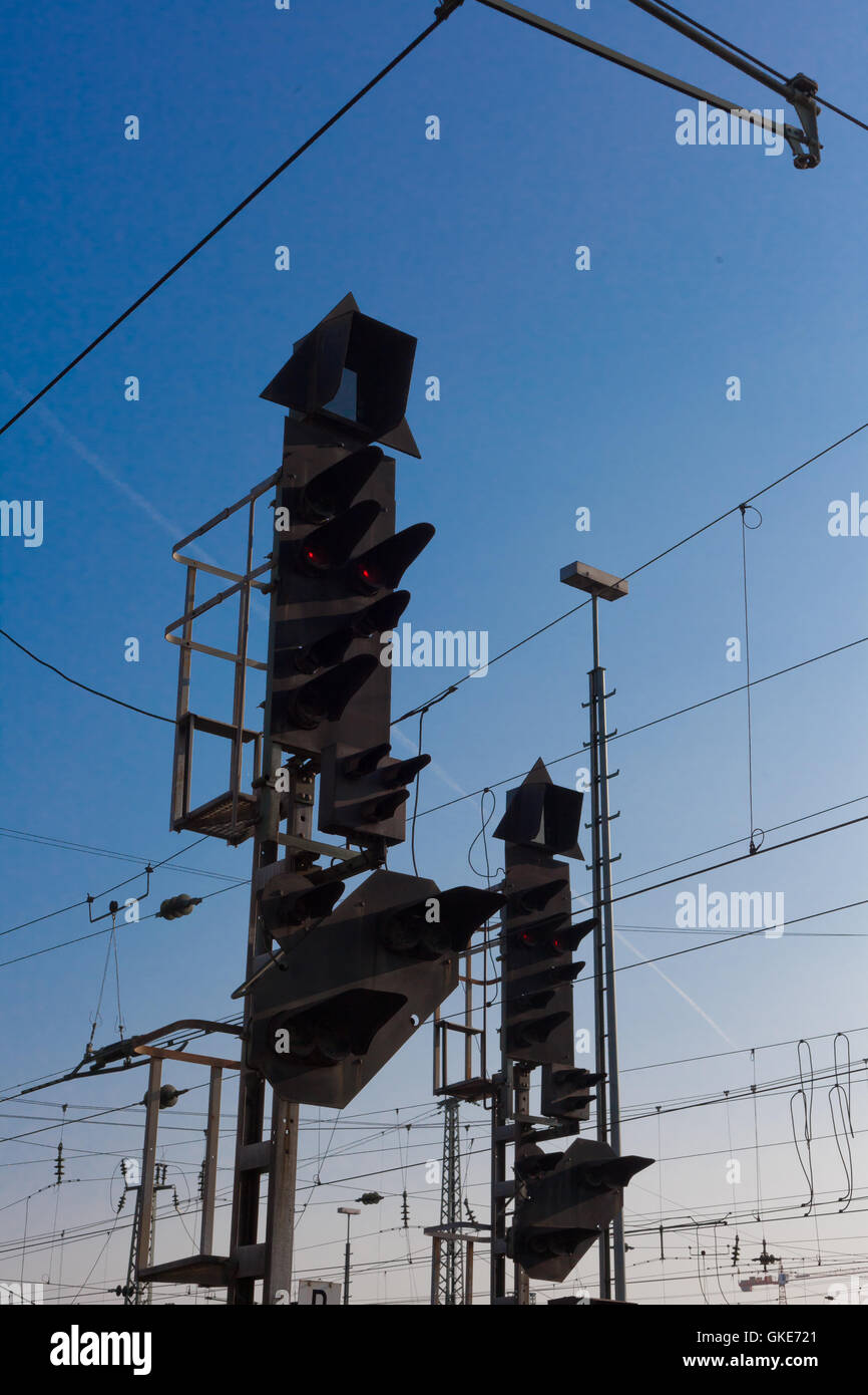 Railway Signal and Overhead Wiring Stock Photo - Alamy