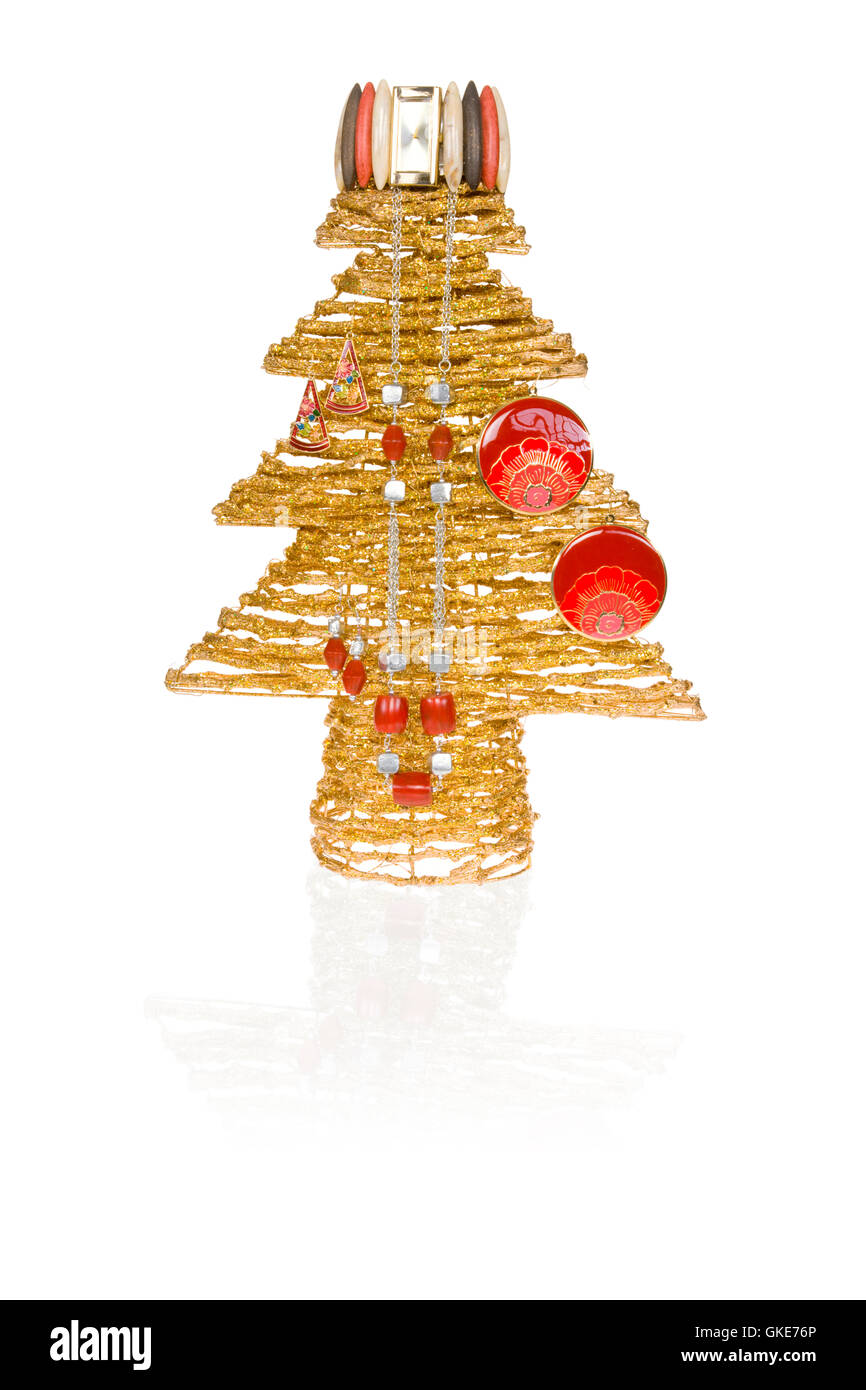 Gold metal Christmas tree with fashion with jewellery Stock Photo - Alamy