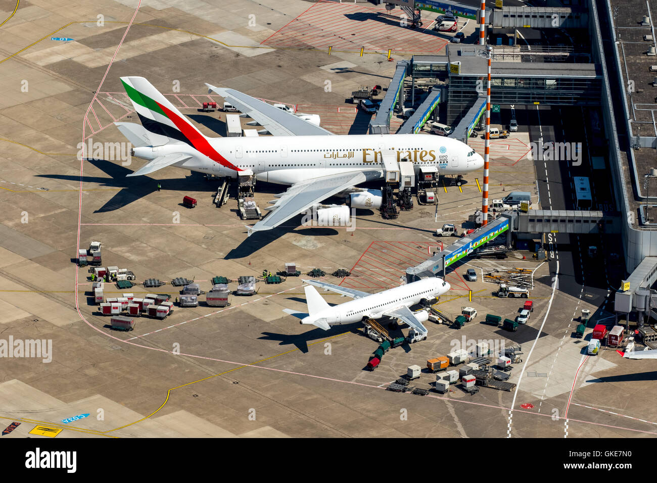 Aerial view, Airport Dusseldorf-Lohausen, A6-EOB Emirates Airbus A380 ...