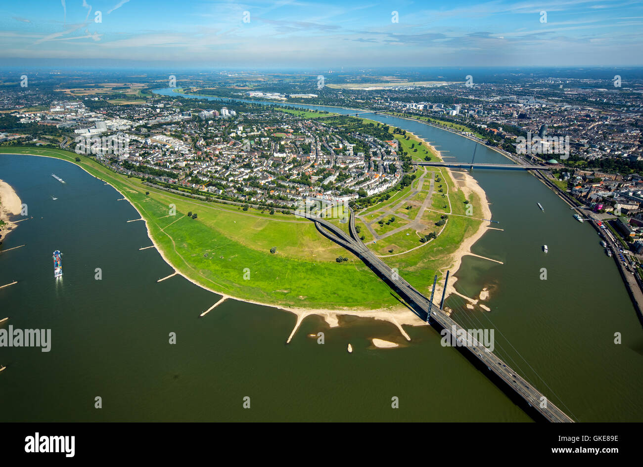 Aerial view, rhinestone bow Oberkassel, Rheinkniebrücke rhine bridge ...