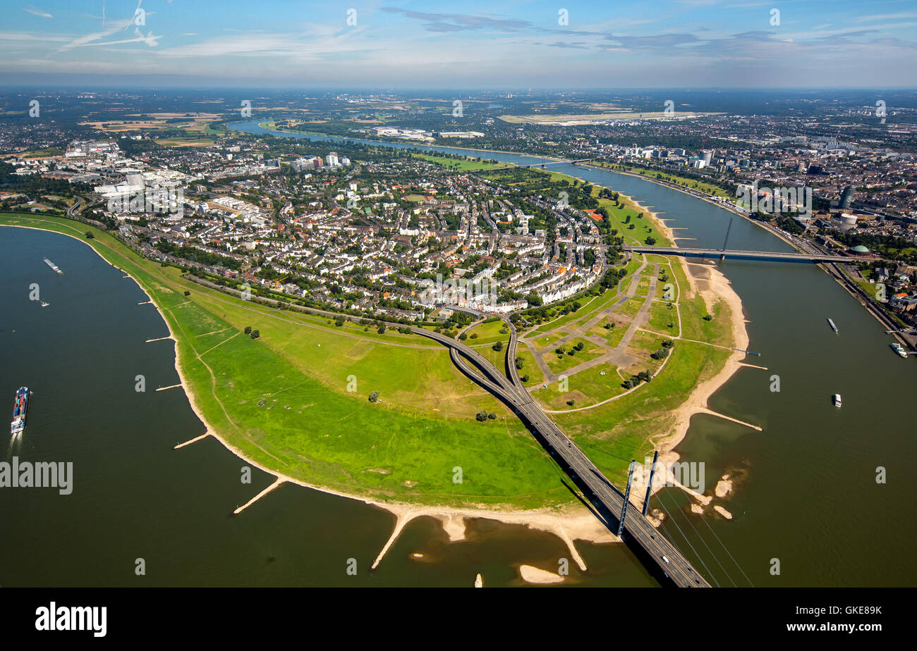 Aerial view, rhinestone bow Oberkassel, Rheinkniebrücke rhine bridge ...