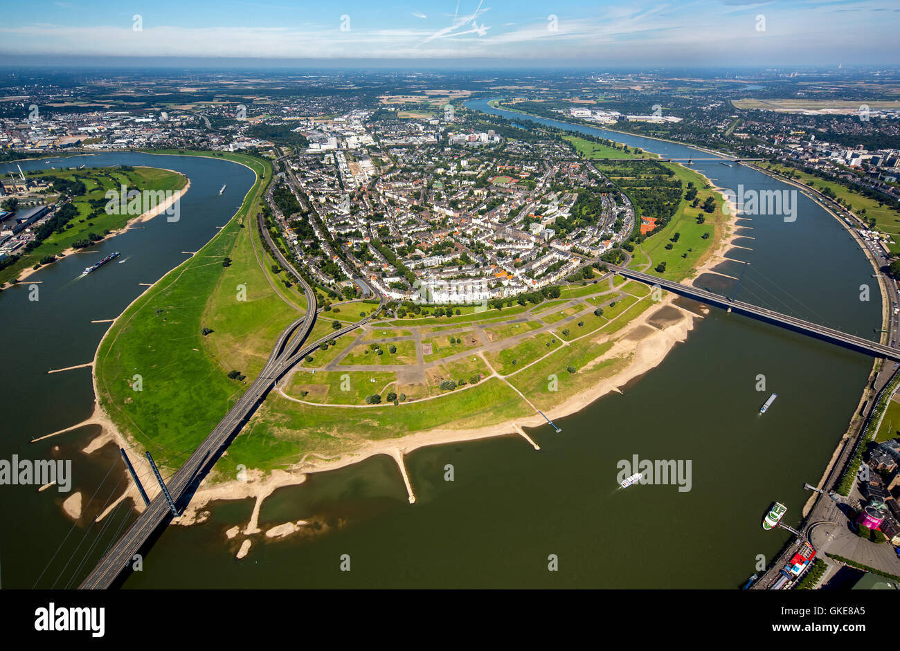 Aerial view, rhinestone bow Oberkassel, Rheinkniebrücke rhine bridge ...
