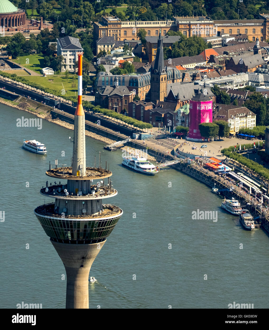 Aerial view, TV tower in front of the old town, Rhine river, maritime ...