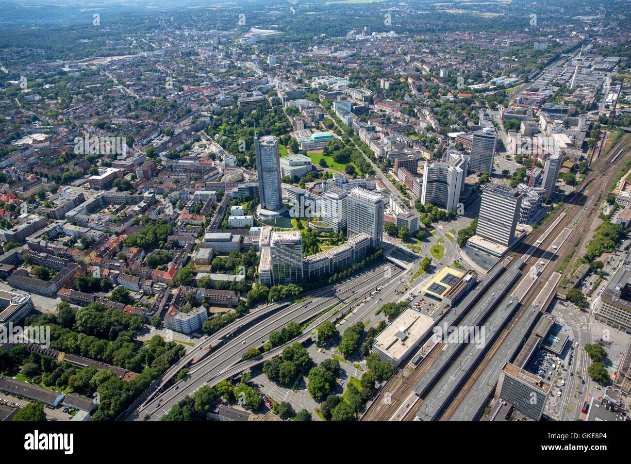 Aerial view, skyline Essen RWE skyscraper, EVONIK Headquarters ...