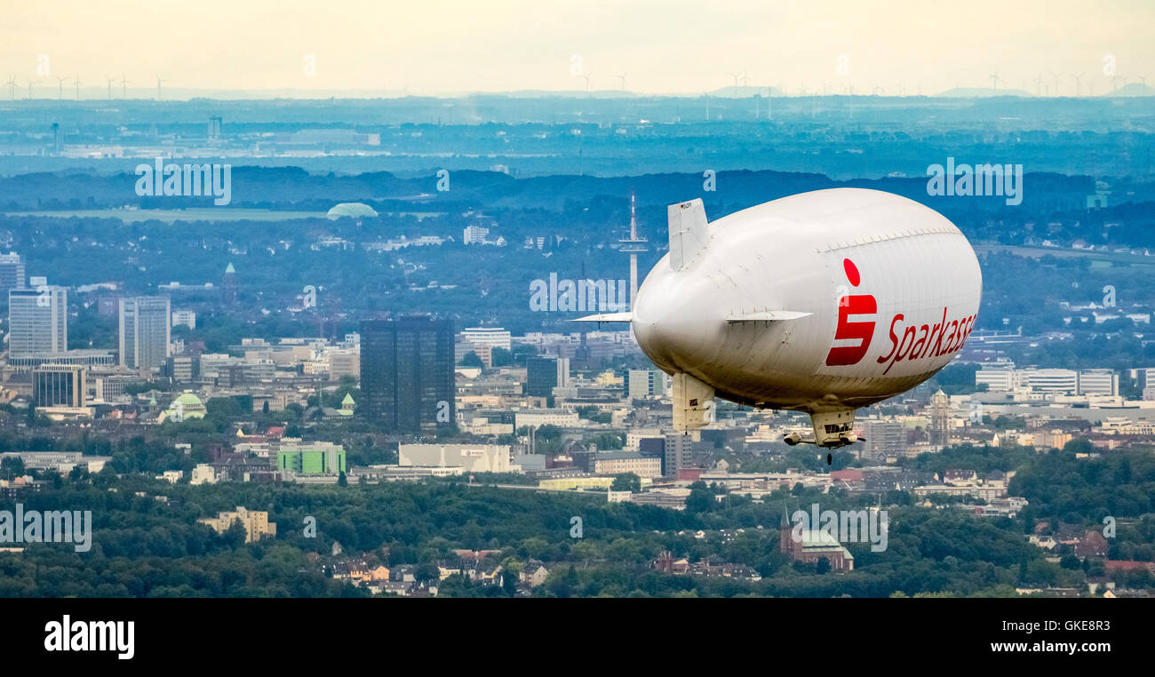 Aerial view, Zeppelin, before the Essenes Sky-line with Town Hall Tower ...