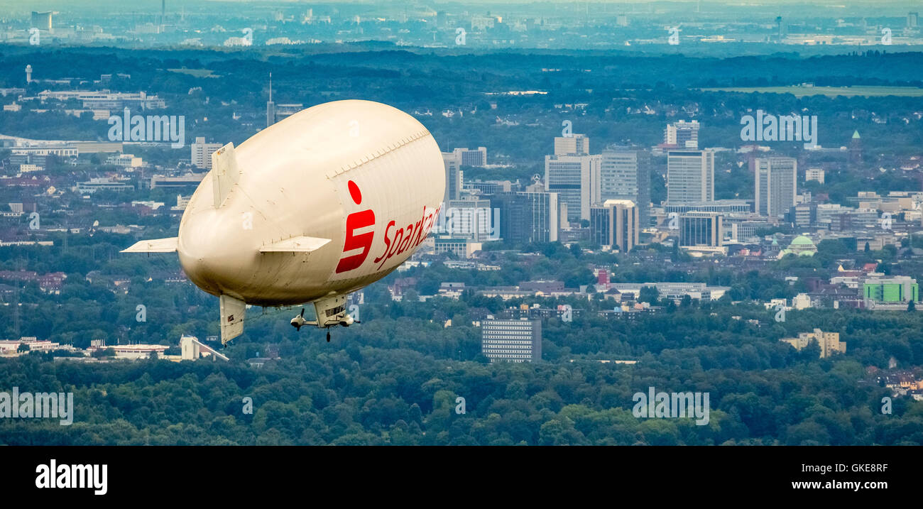 Aerial view, Zeppelin, before the Essenes Sky-line with Town Hall Tower ...