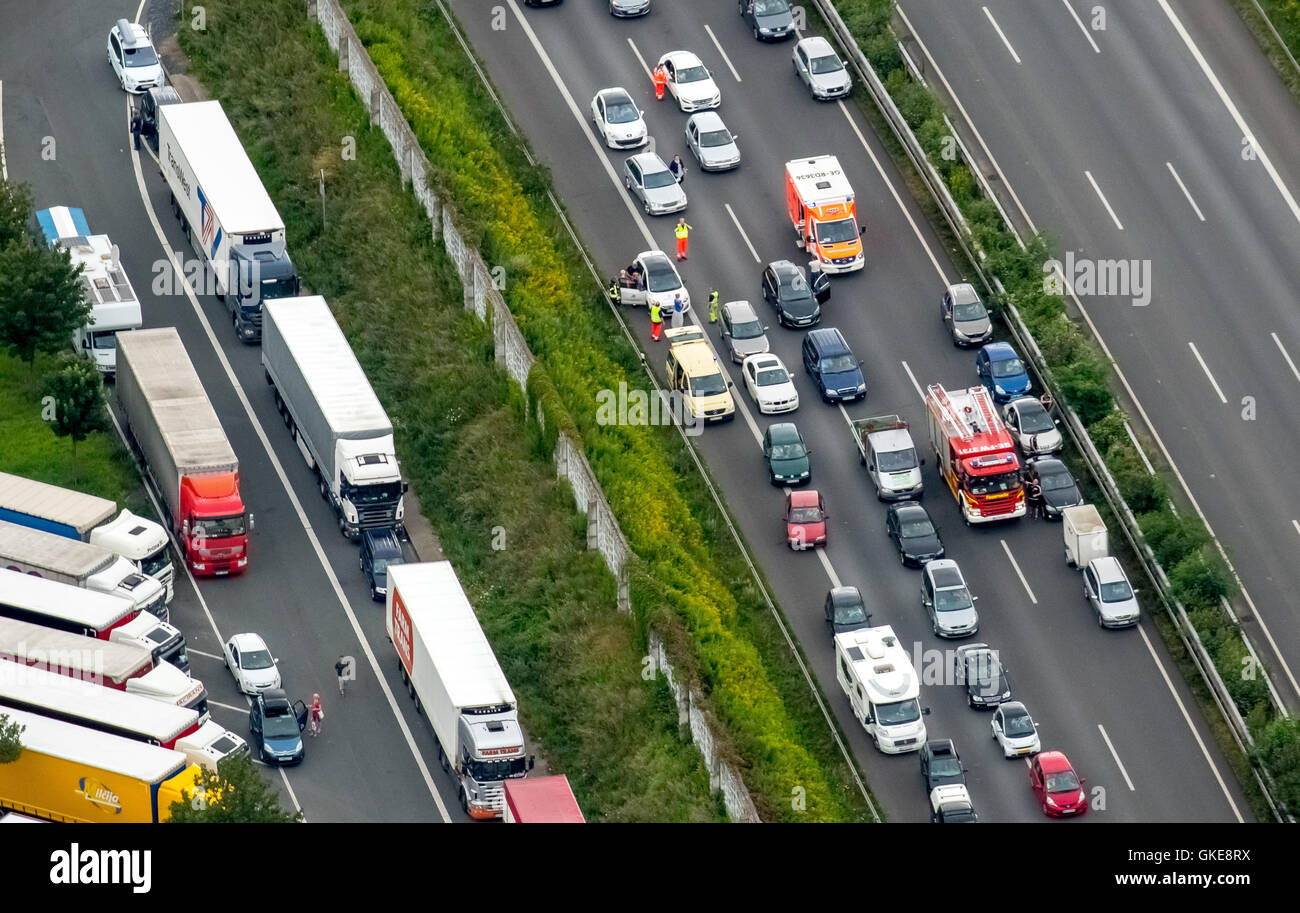 Aerial view, A2 motorway rescue alley, fire use, RTW first aid to a ...