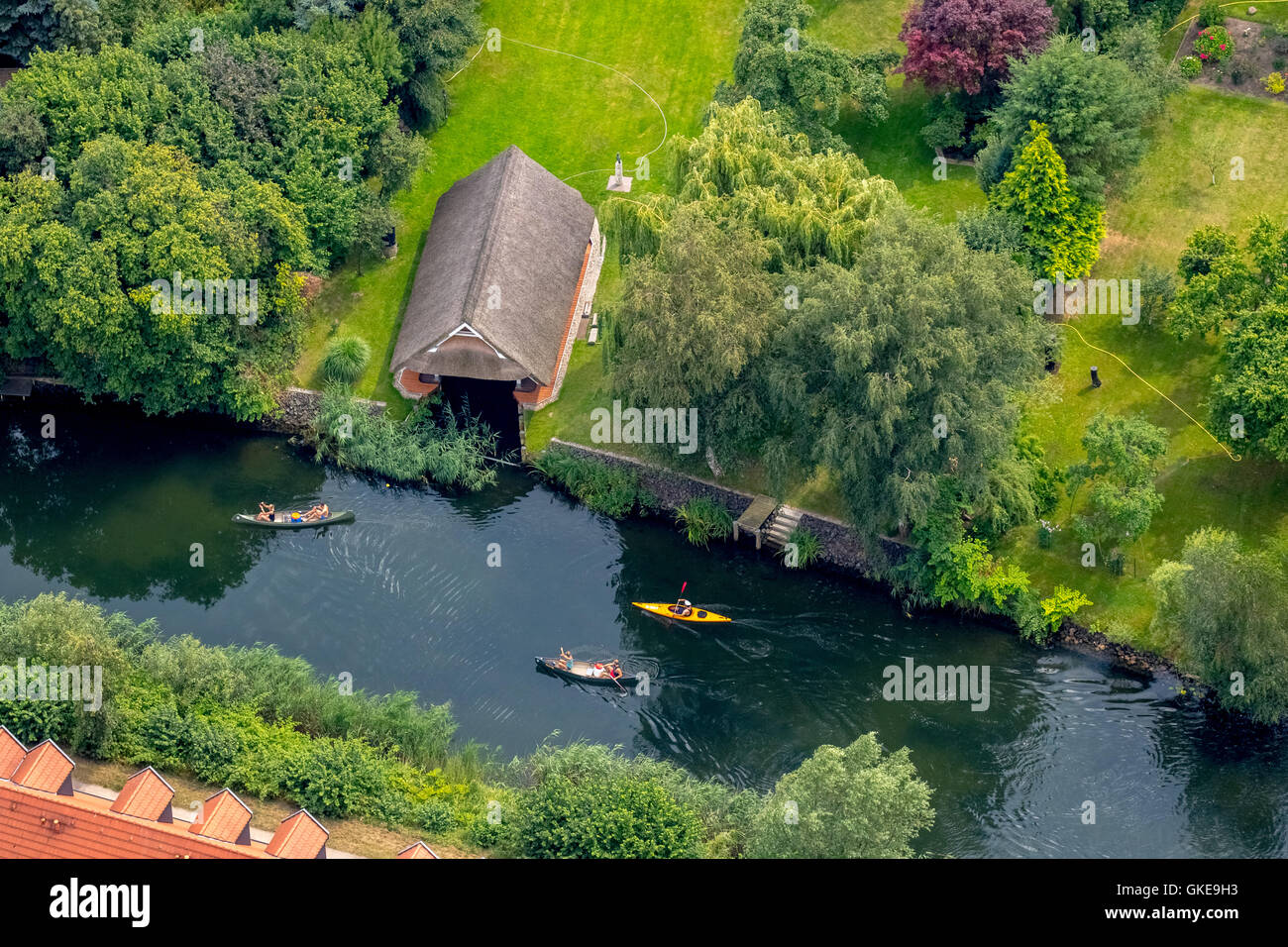 Aerial view, thatched boathouse at the Elde, Plau, Mecklenburg Lake ...