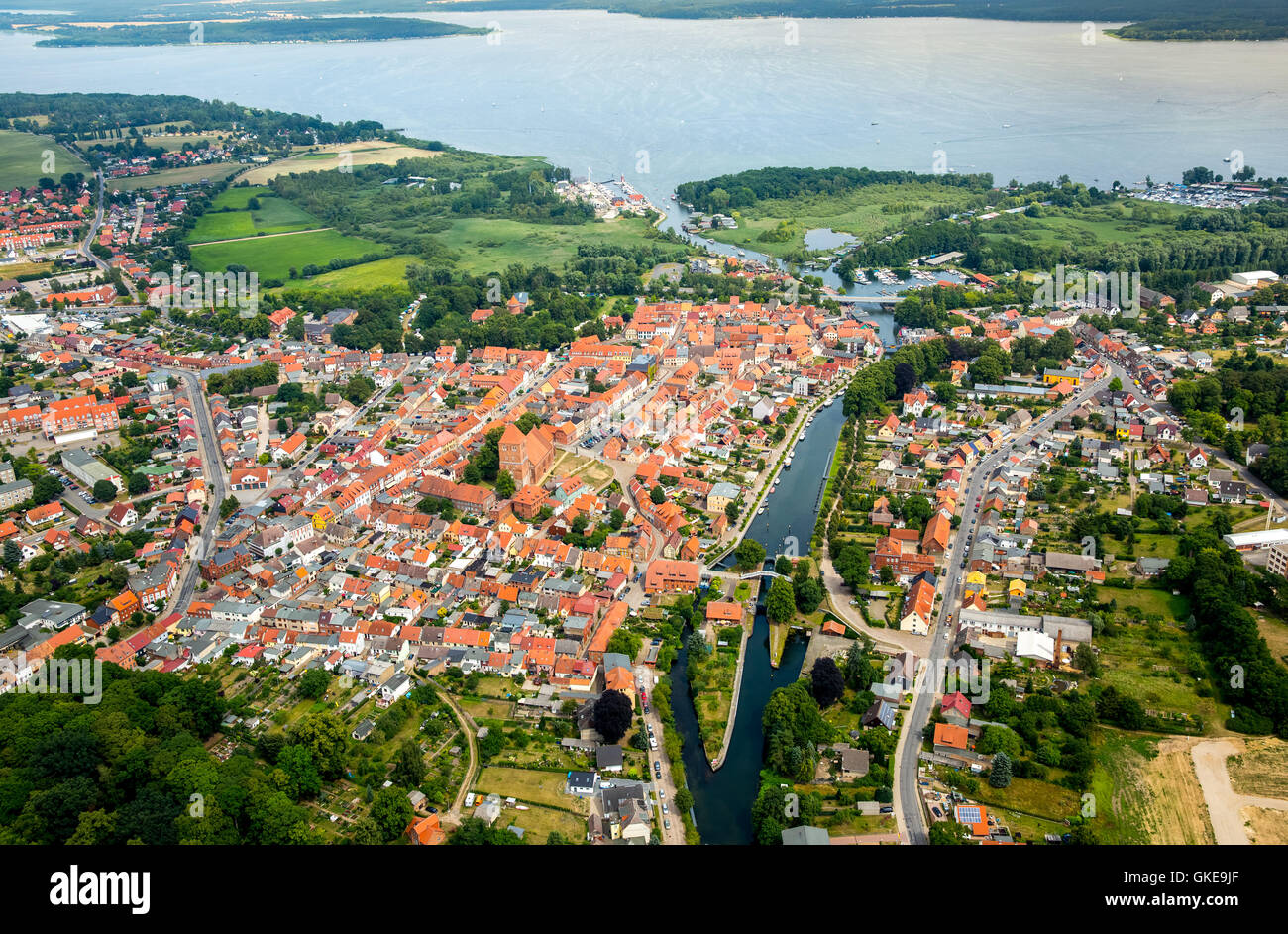 Aerial view, overview of Plau with Plau, Plau, Mecklenburg Lake ...