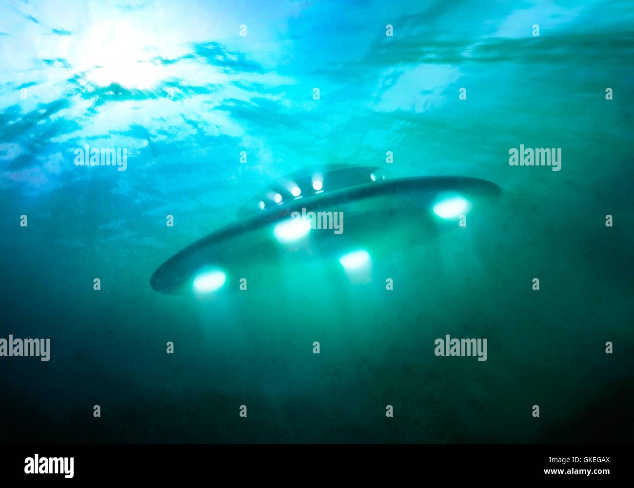 Artwork of a flying saucer, UFO or unidentified flying object, seen ...