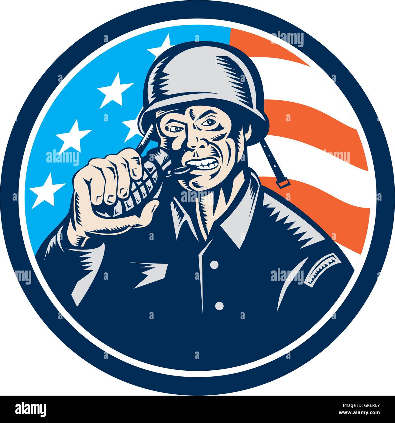 World War Two Soldier American Grenade Circle Woodcut Stock Vector ...