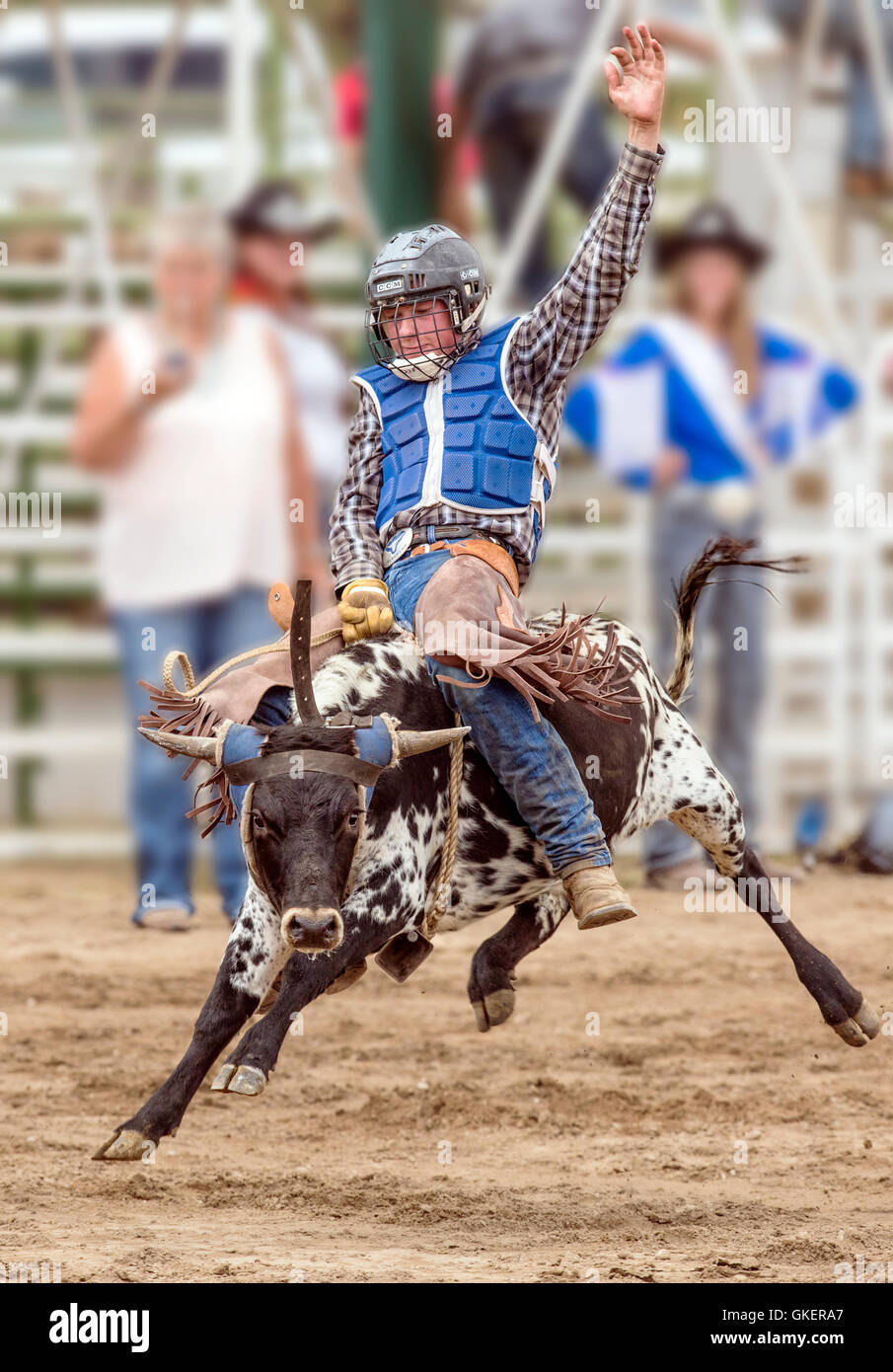 Young cowboy riding a small bull in the Junior Steer Riding competition ...