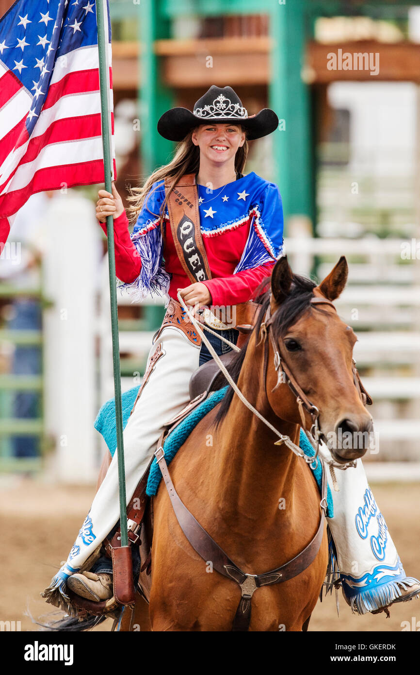 Rodeo Queen on horseback with American Flag; Chaffee County Fair ...