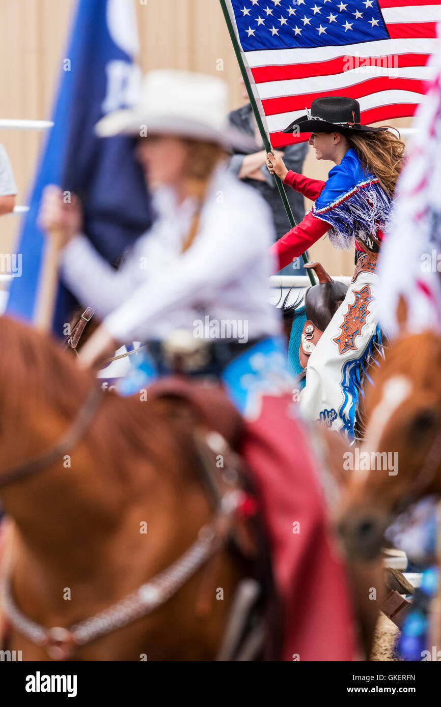 Rodeo Queen on horseback with American Flag; Chaffee County Fair ...