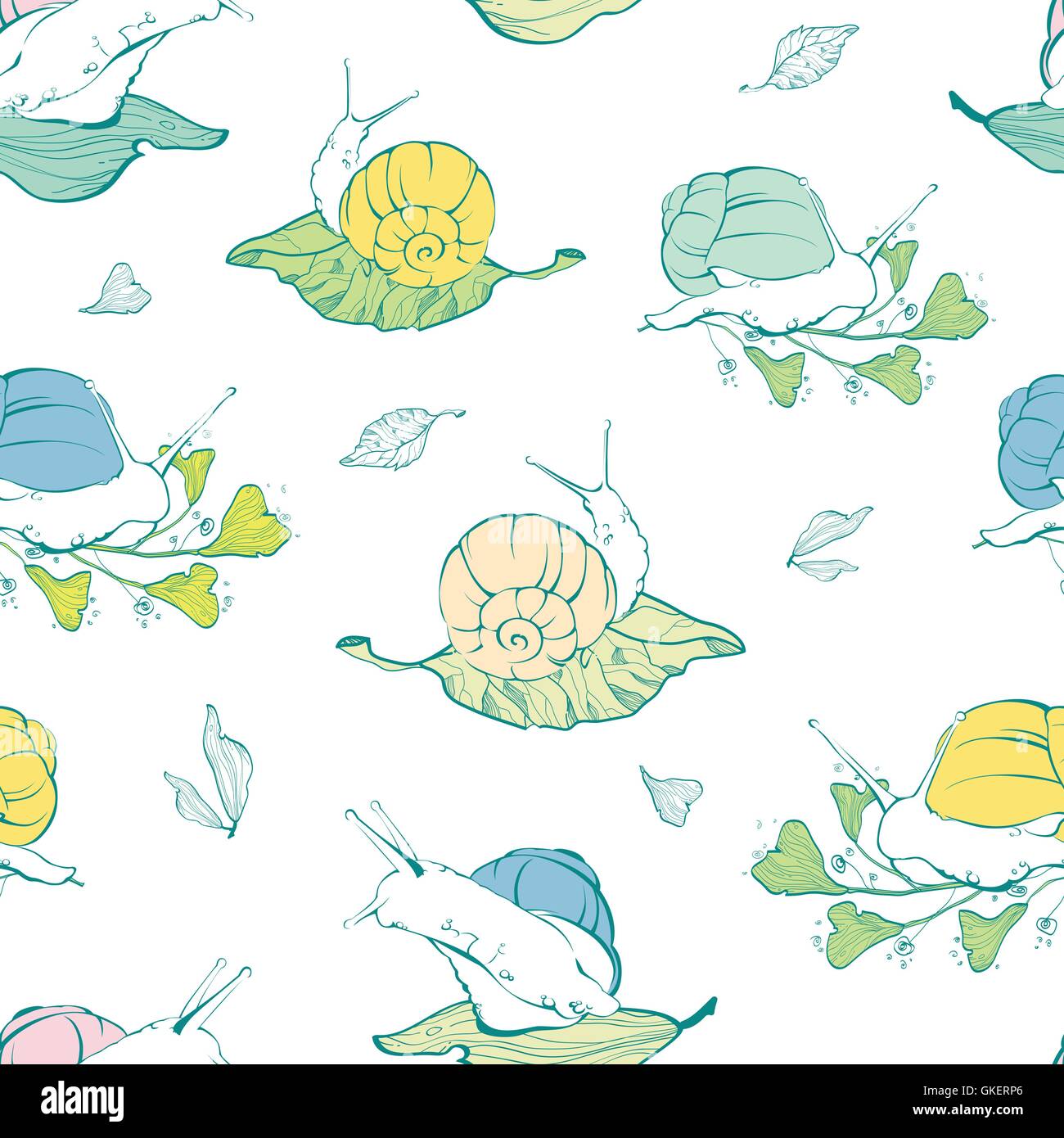 Vector lineart snails on leaves seamless pattern background Stock ...