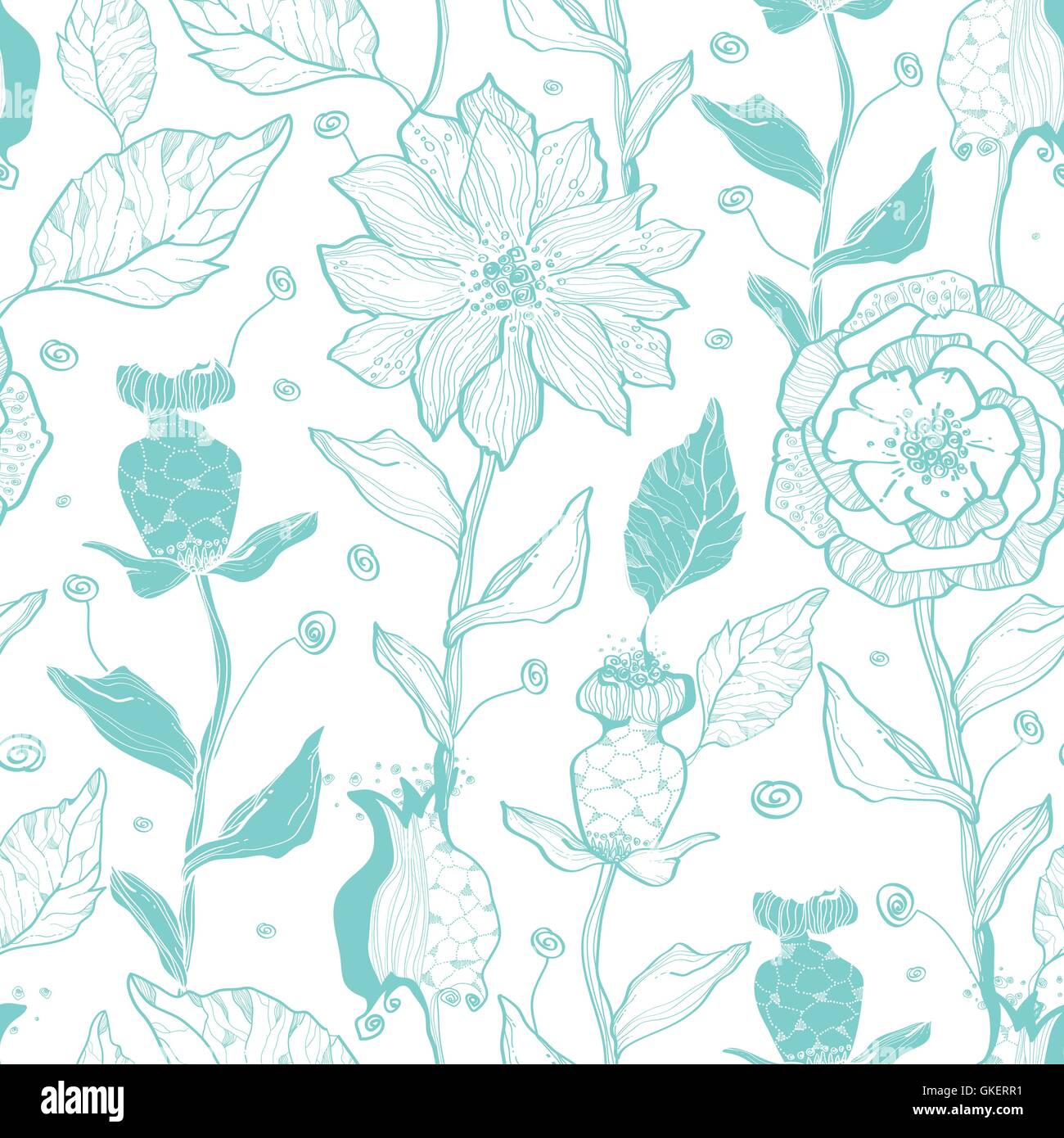 Vector aqua lineart flowers seamless pattern background Stock Vector ...