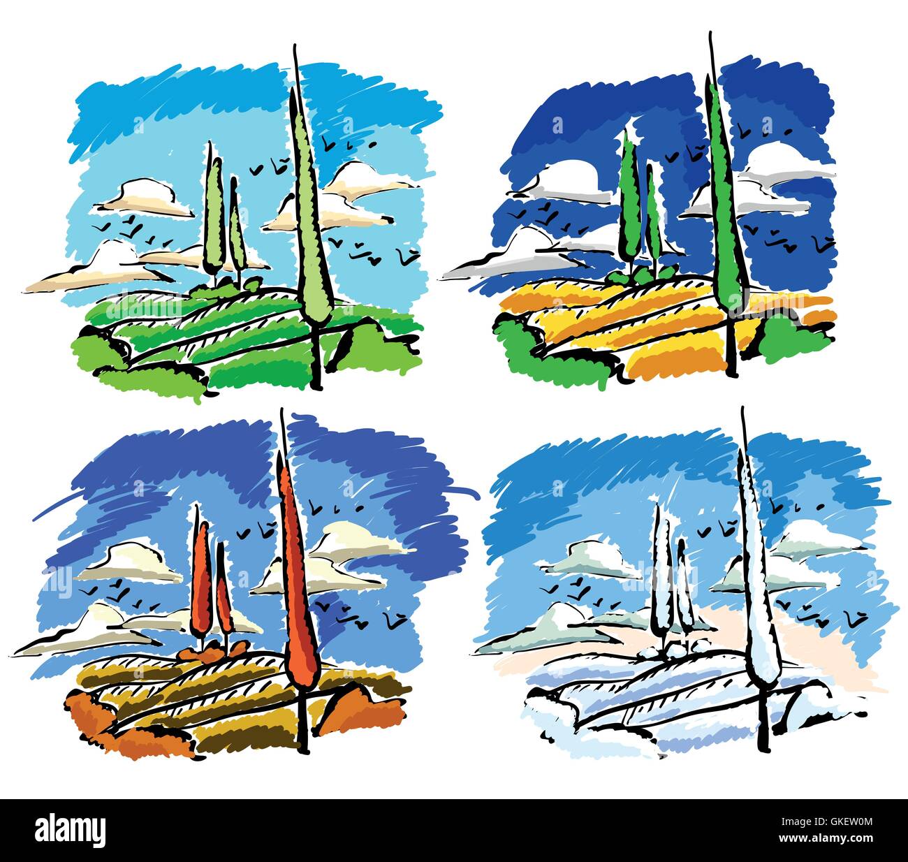 Silhouette landscape blue sky clouds blue Stock Vector Images - Alamy