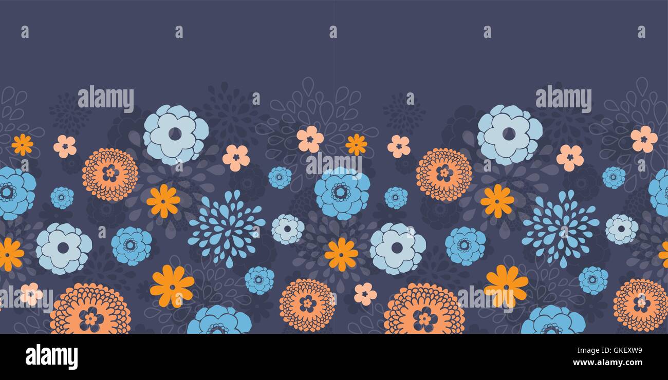 Vector golden and blue night flowers horizontal border seamless pattern ...