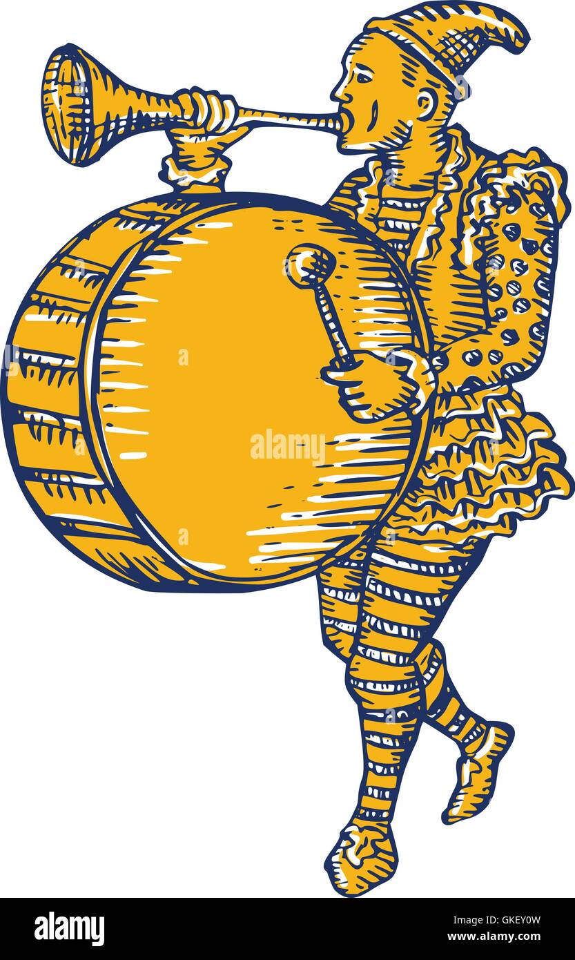 Clown With Trumpet and Drum Marching Etching Stock Vector Image & Art ...