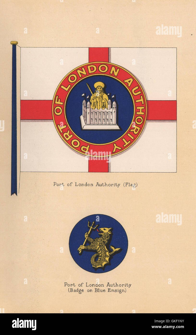 PORT OF LONDON AUTHORITY. Flag and Badge on Blue Ensign, antique print ...