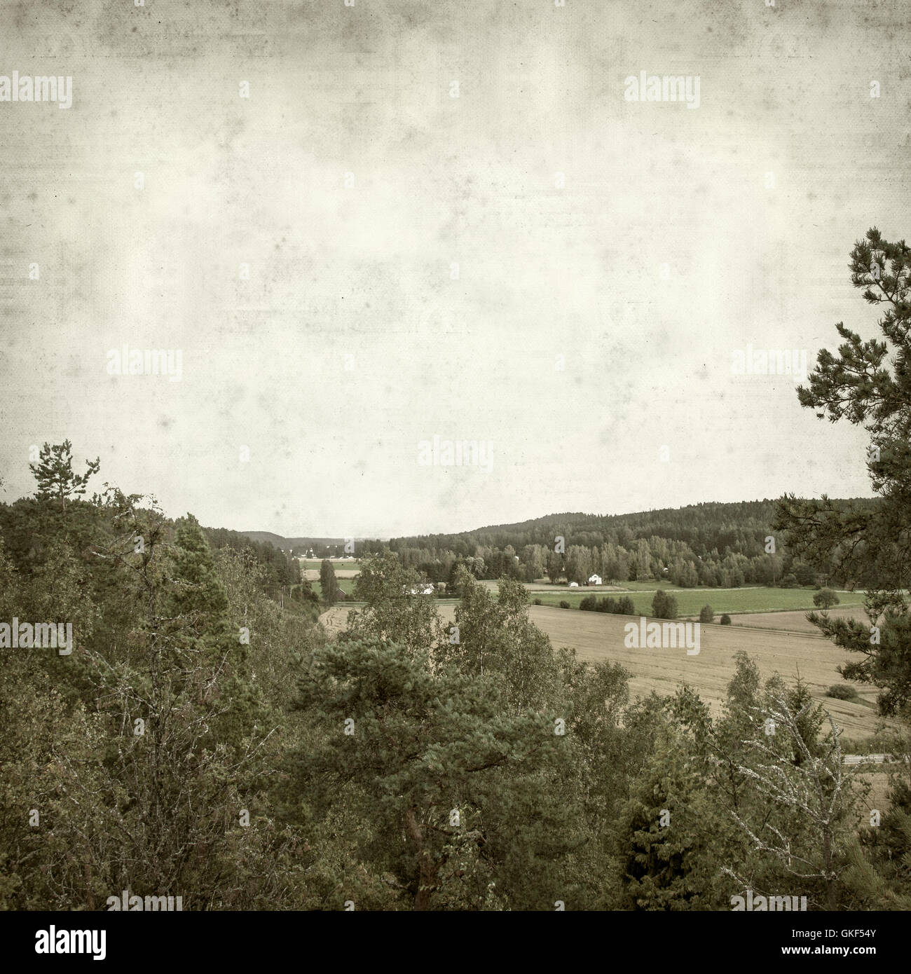 textured old paper background with landscape of Finland Stock Photo - Alamy