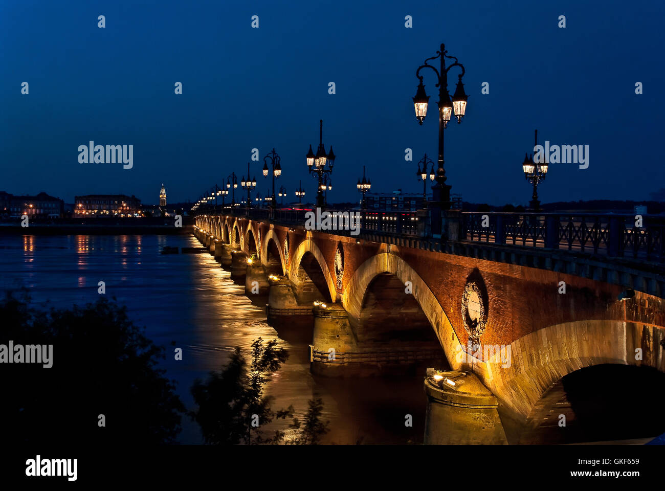 Bordeaux France - night image of bridge over Garonne River with ...