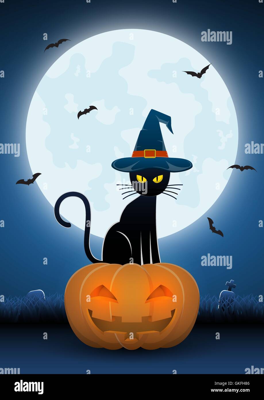 Black cat wearing witches hat sit on pumpkin head with full moon and ...