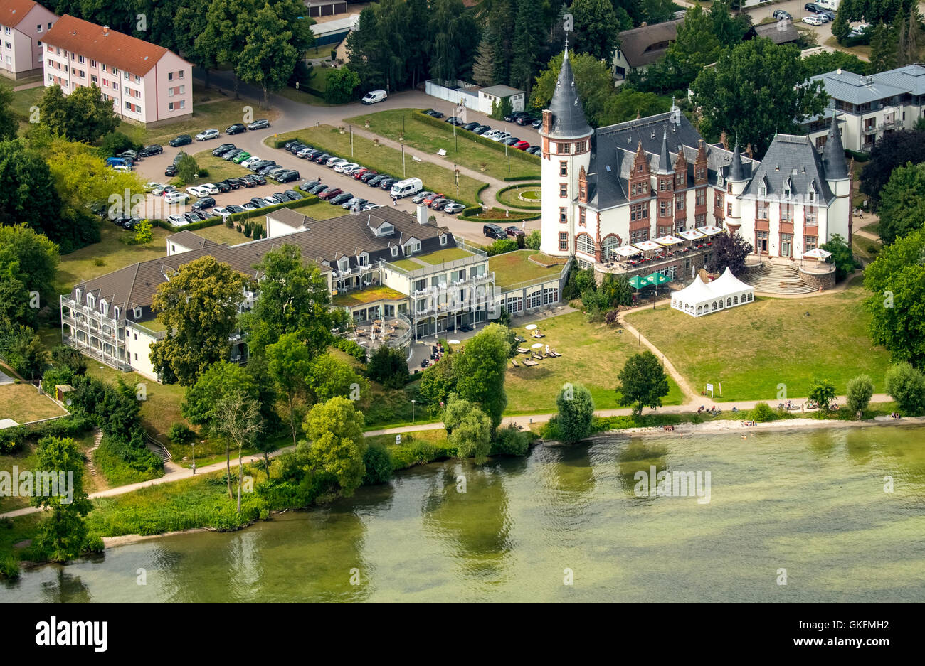 Aerial view, Schloss Klink with mansion in Neo-Renaissance style at the ...