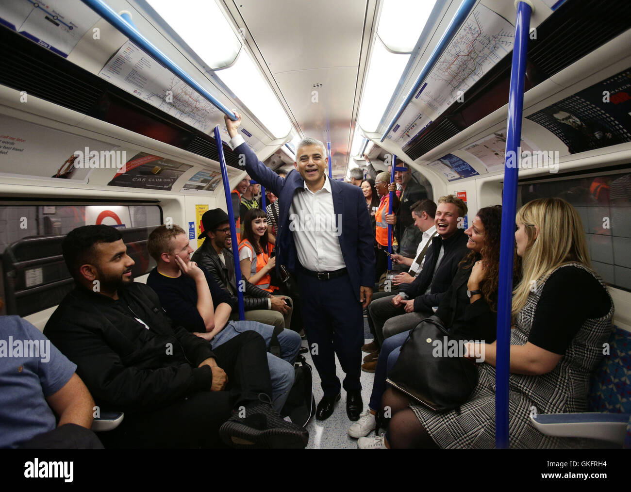 Mayor of London Sadiq Khan travelling with passengers on a northbound ...