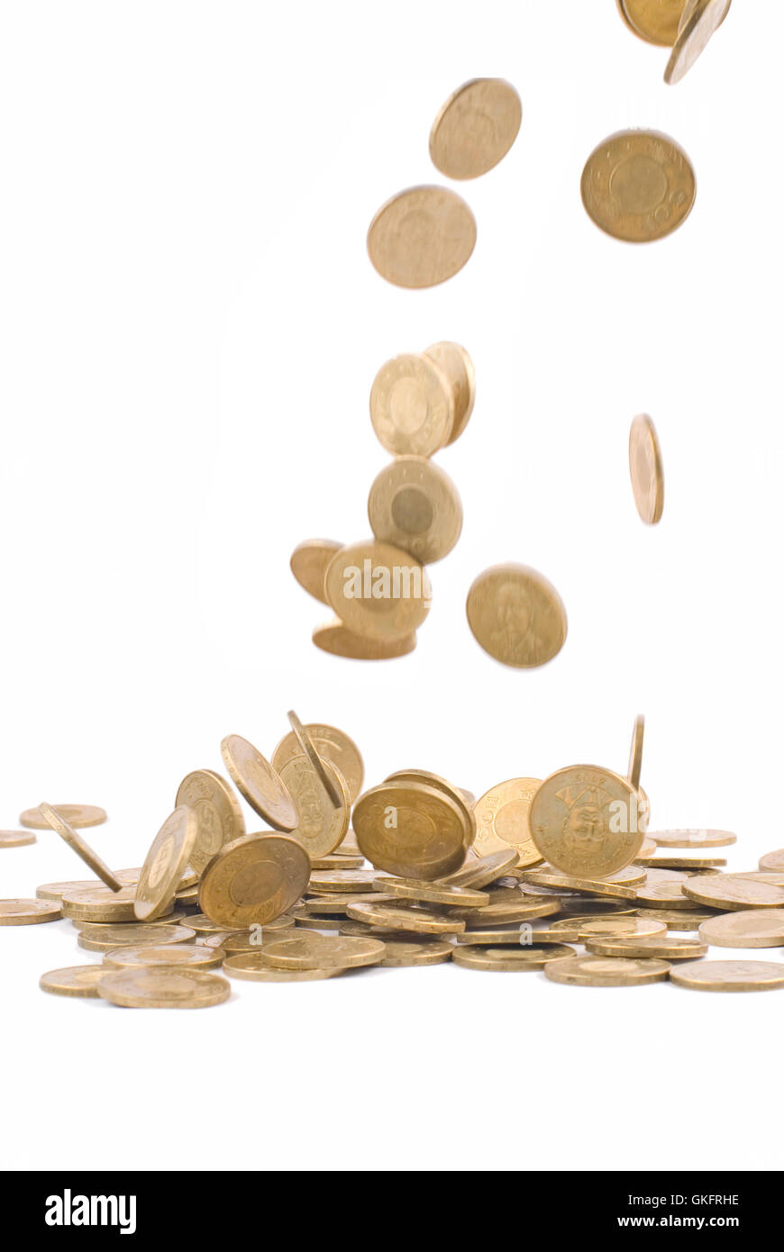 earning money concept, falling golden coin Stock Photo - Alamy