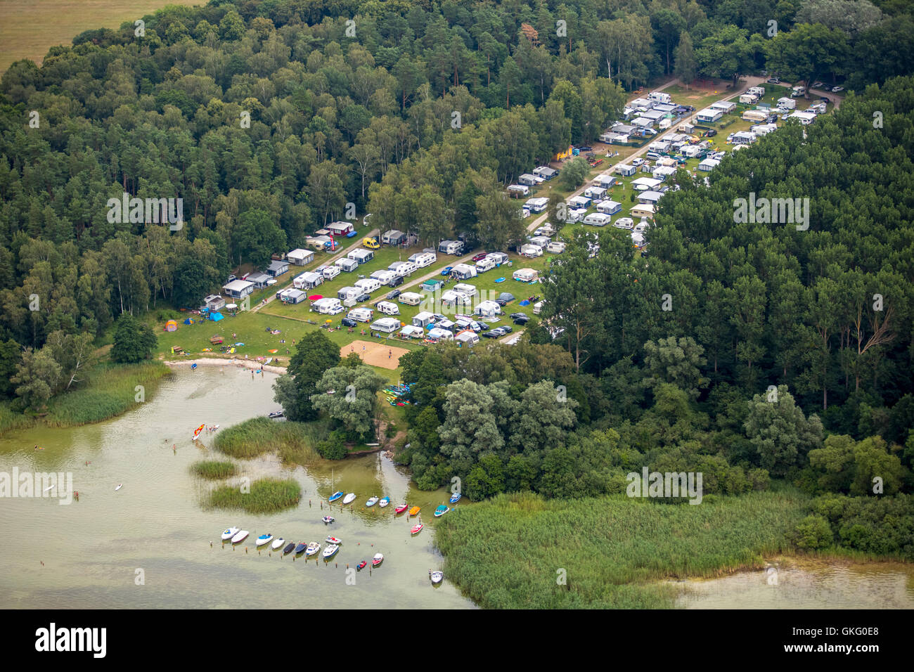 Aerial view, Campground on the banks of the Müritz, Rechlin, surf Hecht ...