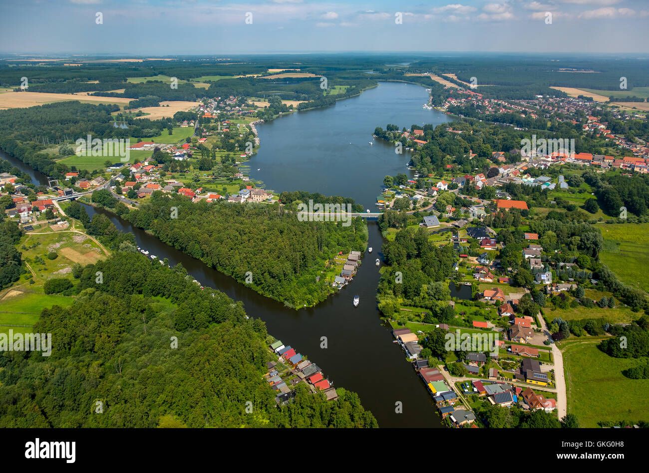 Aerial view, lock Mirow with boats and Müritz-Havel waterway, Mirow ...