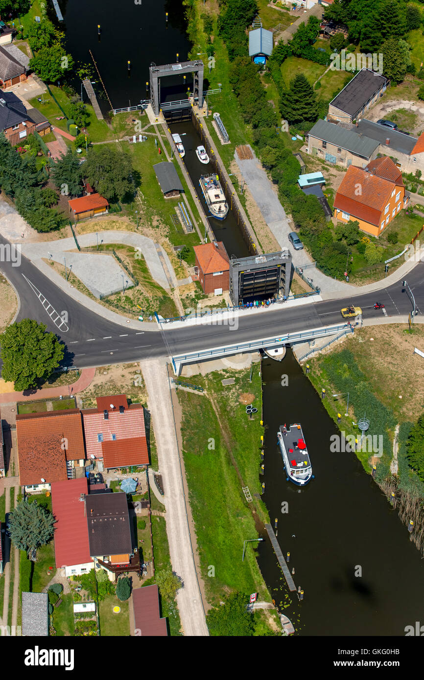 Aerial view, lock Mirow with boats and Müritz-Havel waterway, Mirow ...