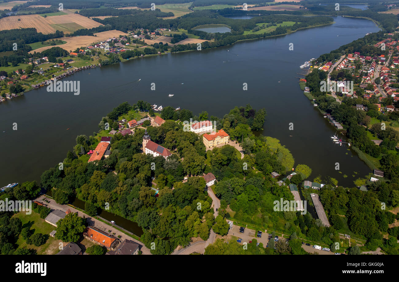 Aerial view, castle island Mirow with Johanniterkirche Johanniter ...