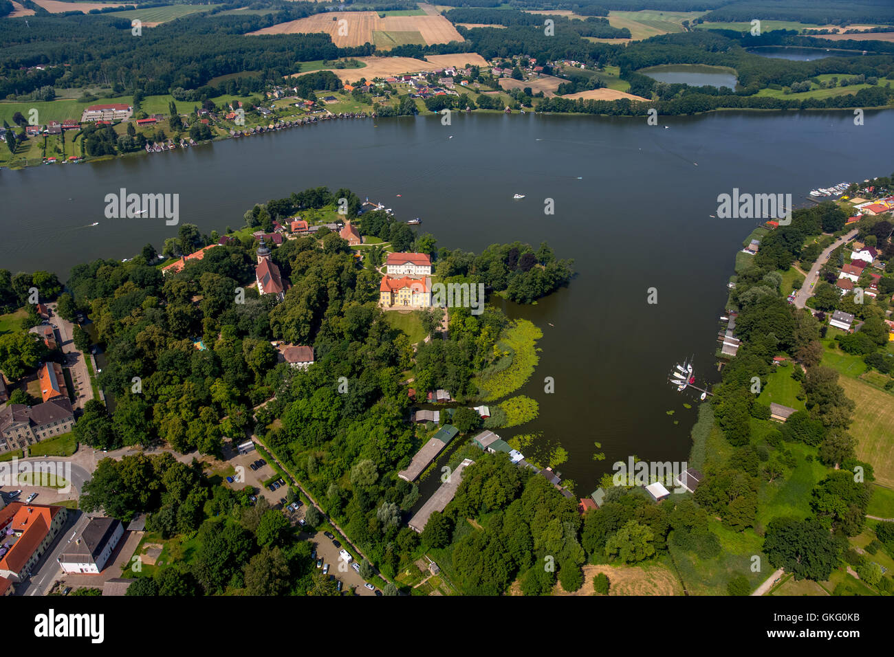 Aerial view, castle island Mirow with Johanniterkirche Johanniter ...