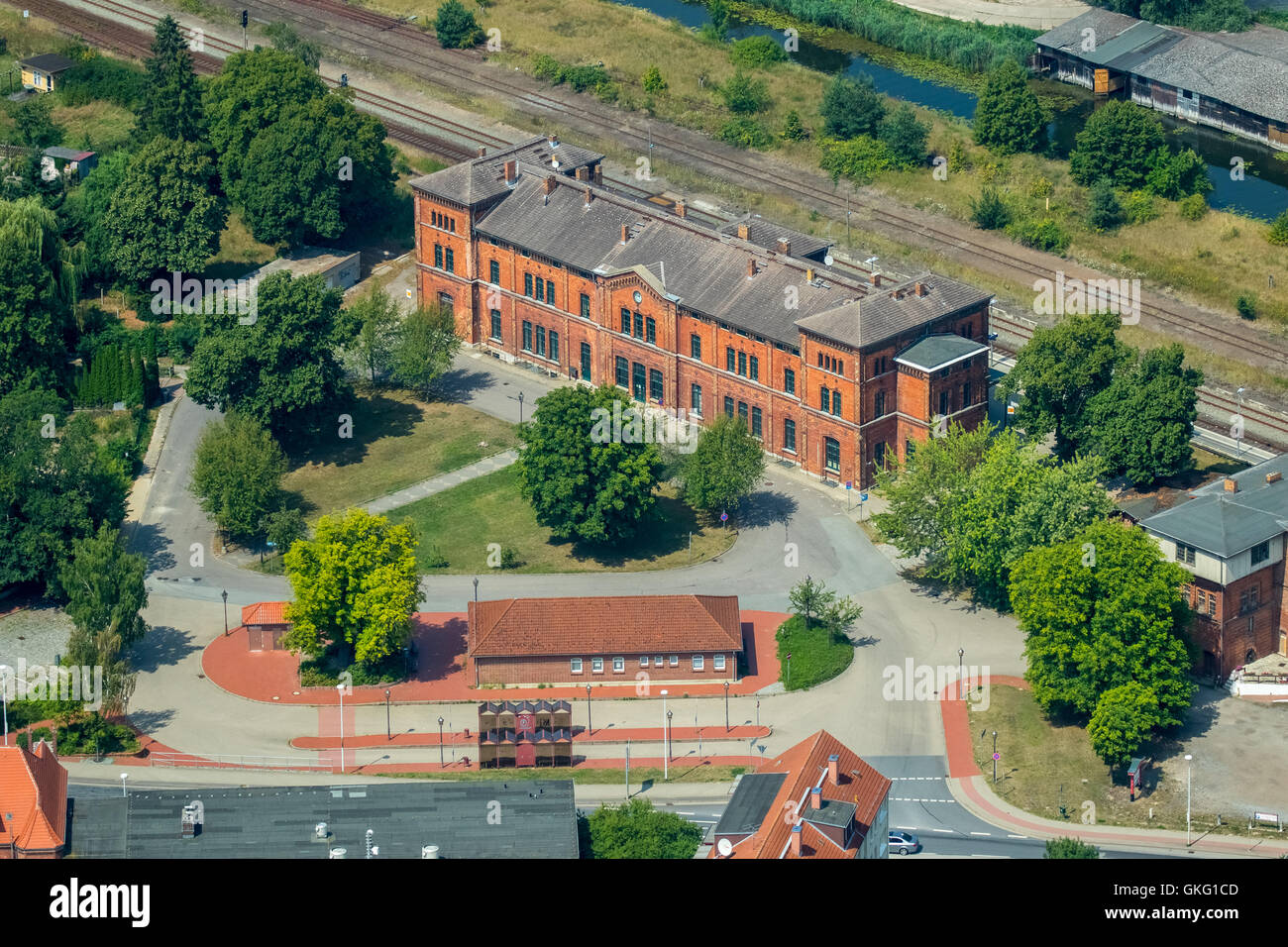 Aerial view, brick Bahnhof Malchin, Malchin, Mecklenburg Lake District ...