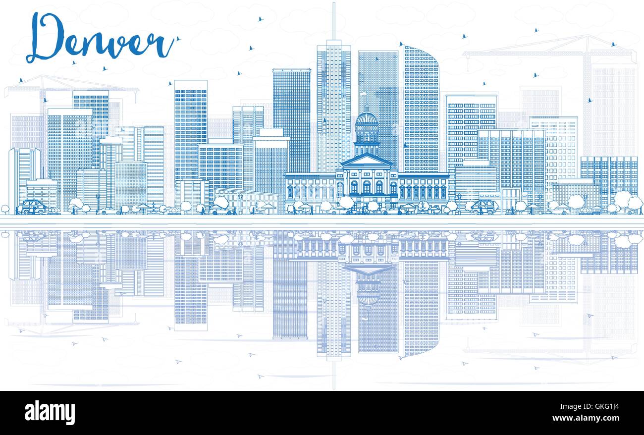 Outline Denver Skyline with Blue Buildings and Reflections. Vector ...