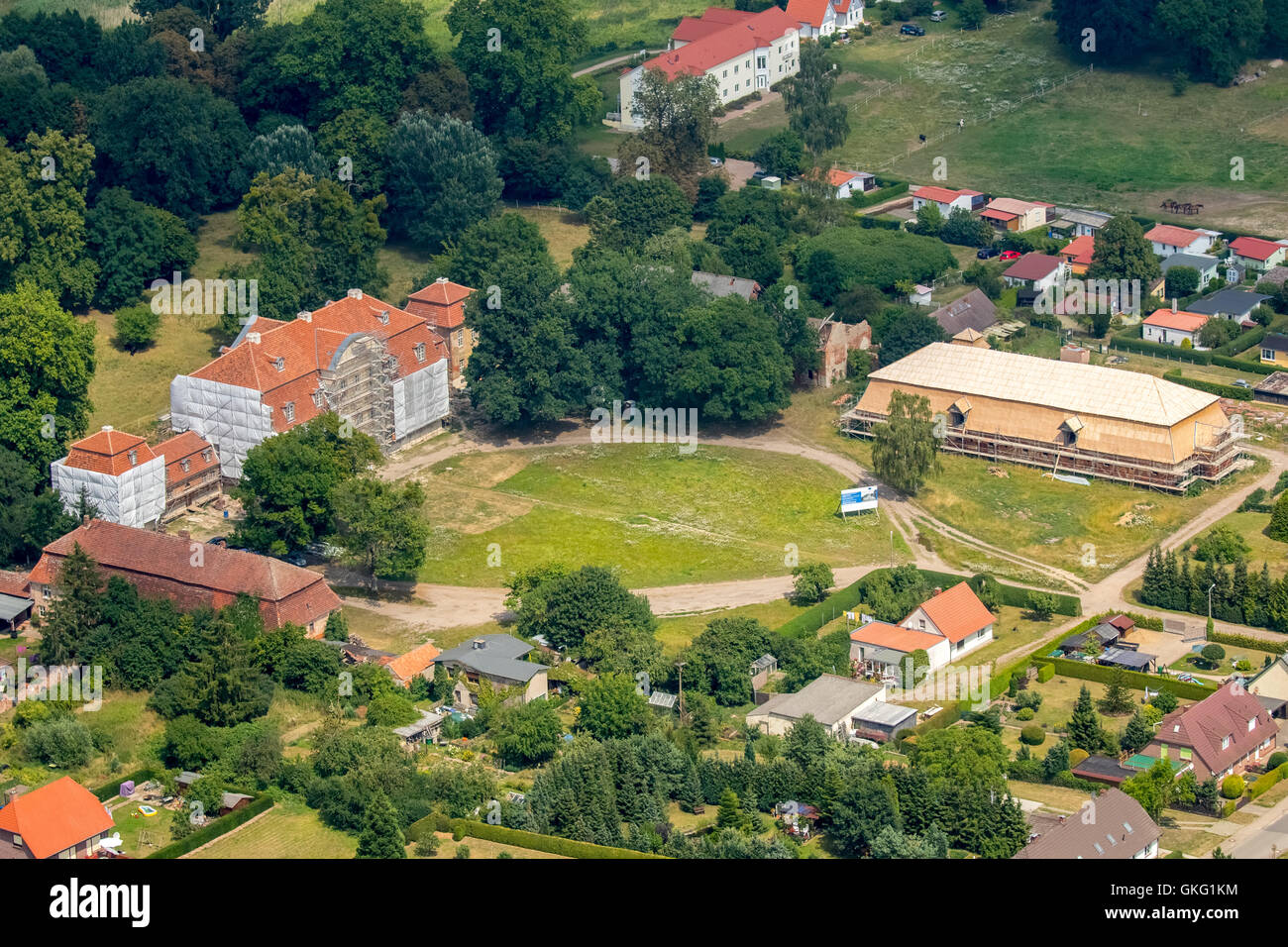 Aerial view, Castle Schloss Kummerow is renovated, Lake Kummerow ...
