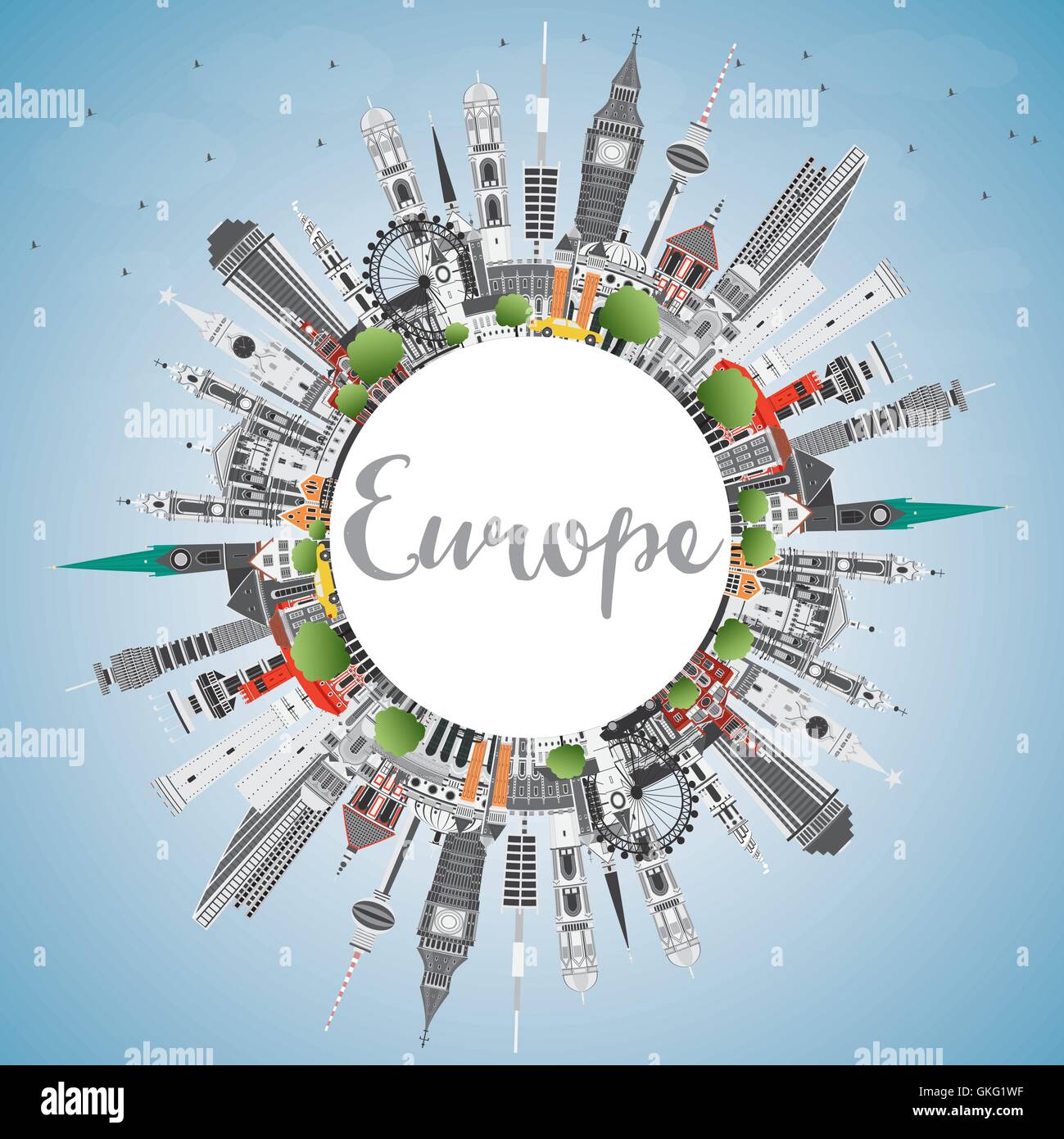 Europe skyline silhouette with different landmarks and copy space ...