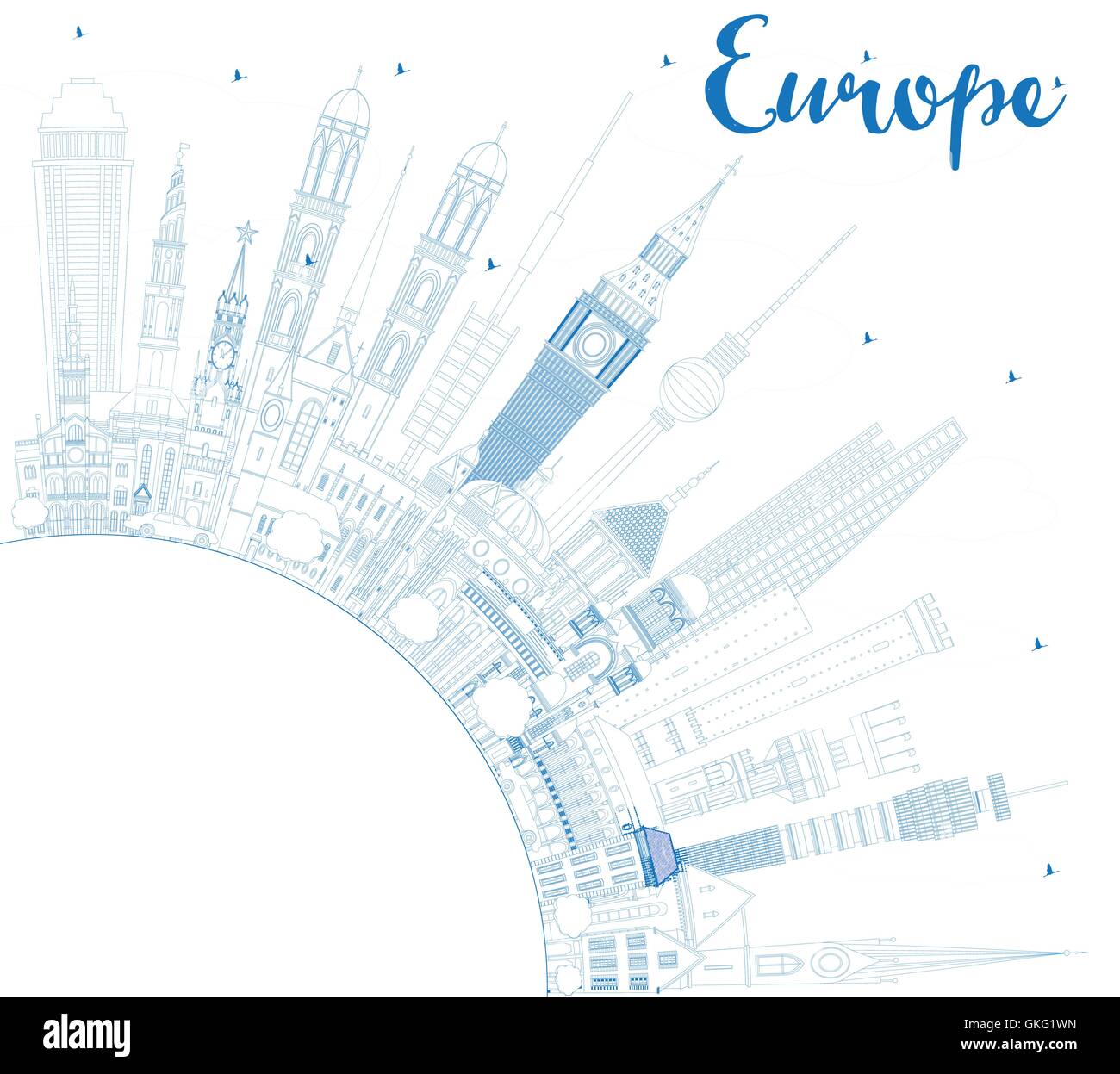 Outline Europe skyline silhouette with blue landmarks and copy space ...