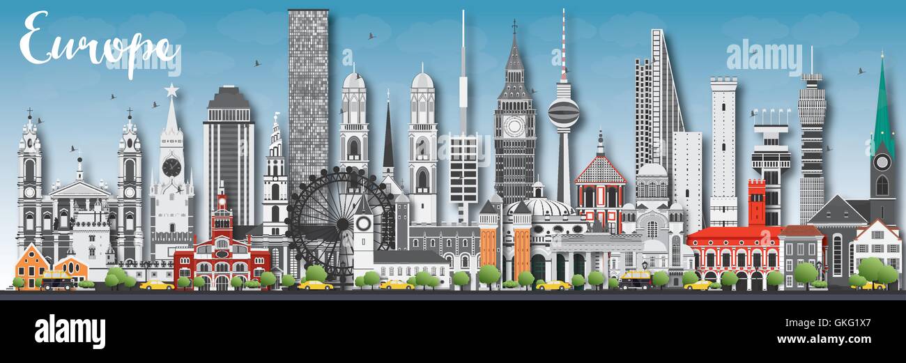 Europe skyline silhouette with different landmarks. Vector illustration ...
