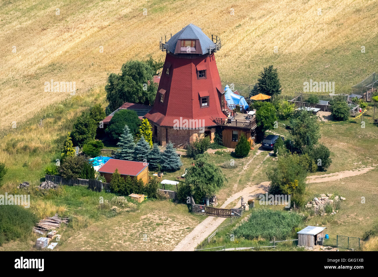 Aerial view, red octagonal Dutch windmill from 1866 with rotary roof ...