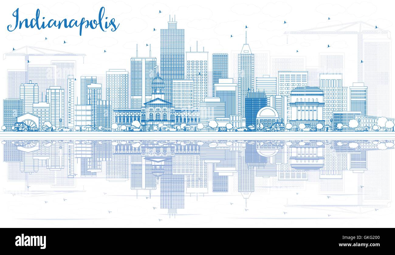 Outline Indianapolis Skyline with Blue Buildings and Reflections ...
