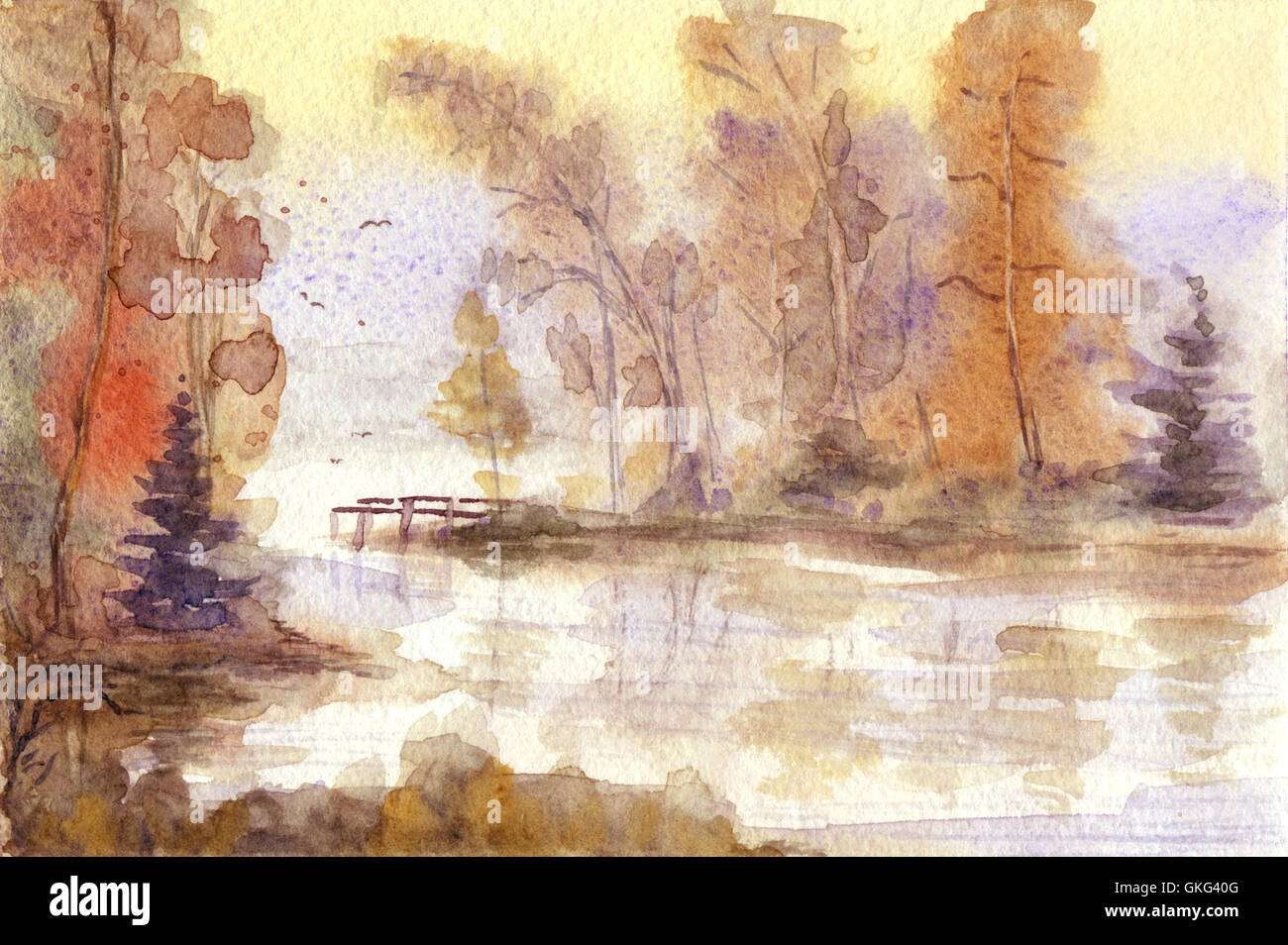 Watercolor hand drawn autumn landscape Stock Photo - Alamy