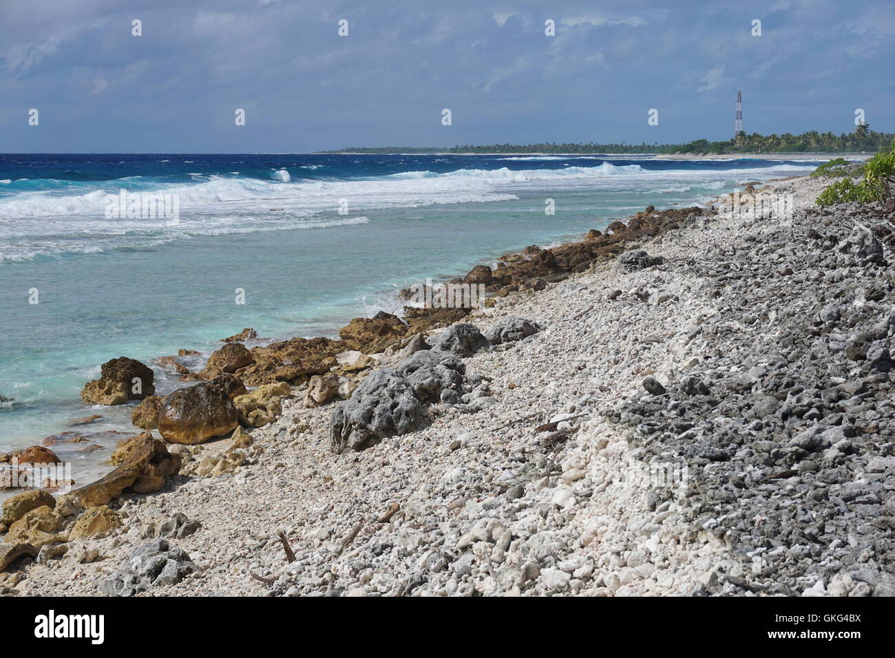 Sea shore on the entry of the Tiputa pass, atoll of Rangiroa, Tuamotu ...